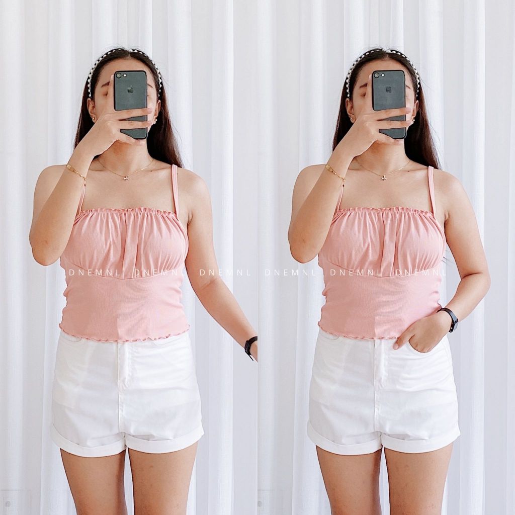 Dnemnlph Ruched Cami Two Way Crop Top Trendy Korean Inspired Fashion