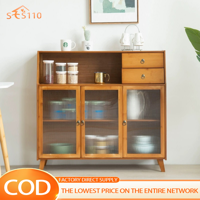 Bamboo sideboard tea cabinet kitchen dining cabinet door microwave pot ...
