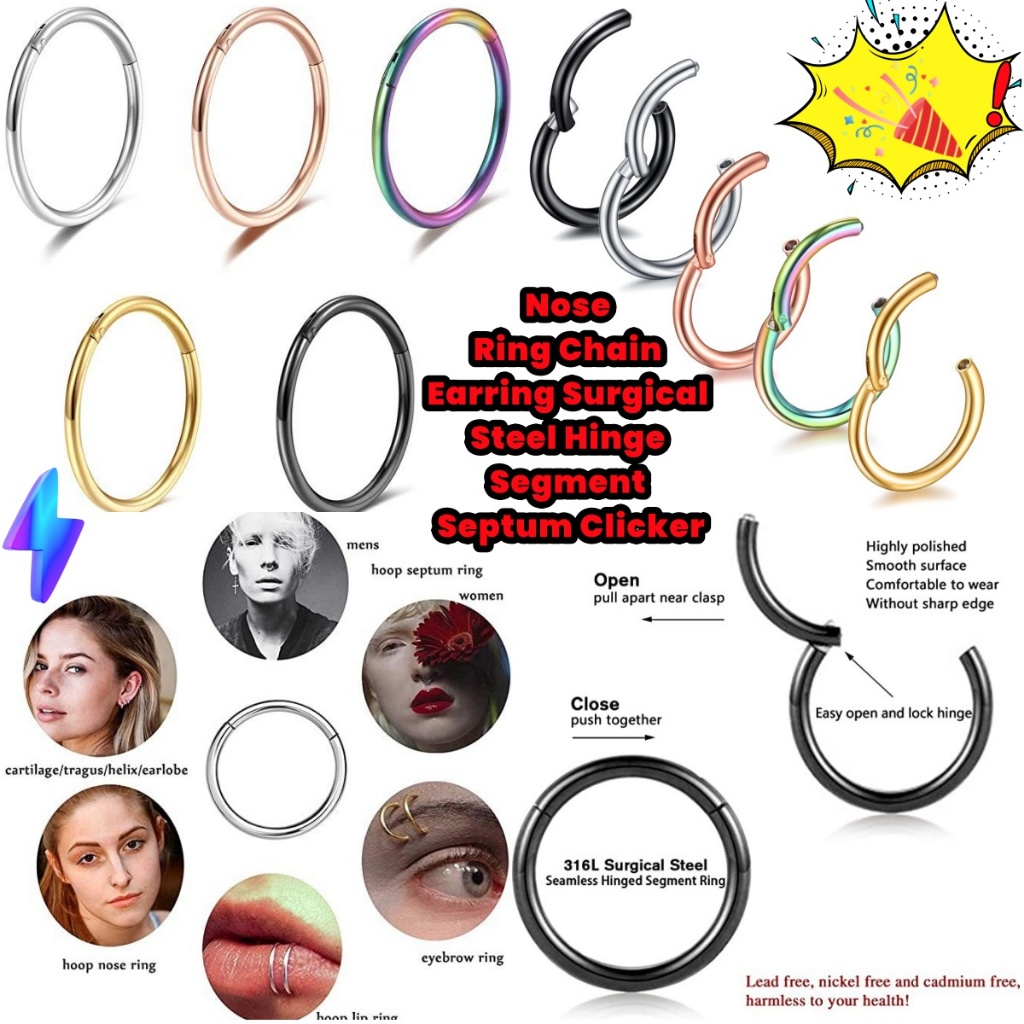 Nose Ring Chain Earring Surgical Steel Hinge Segment Septum Clicker-1 ...