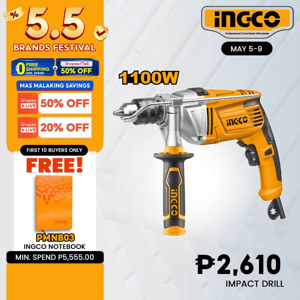 Ingco 1100W 13mm Impact Drill Electric Hammer Drill Function Variable Speed for Wood Ipt ...