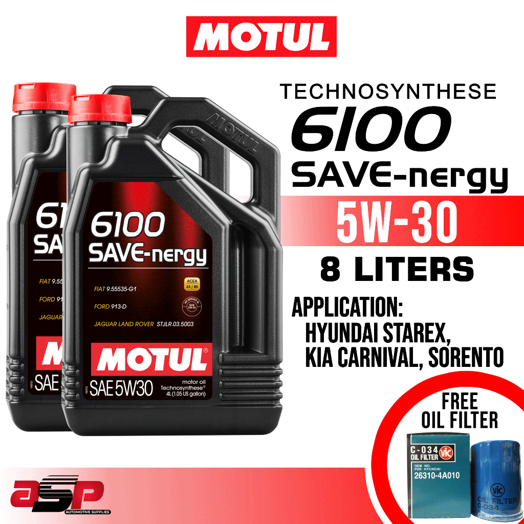 MOTUL 6100 SAVE-NERGY 5W-30 8 Liters Change Oil Bundle for Hyundai ...