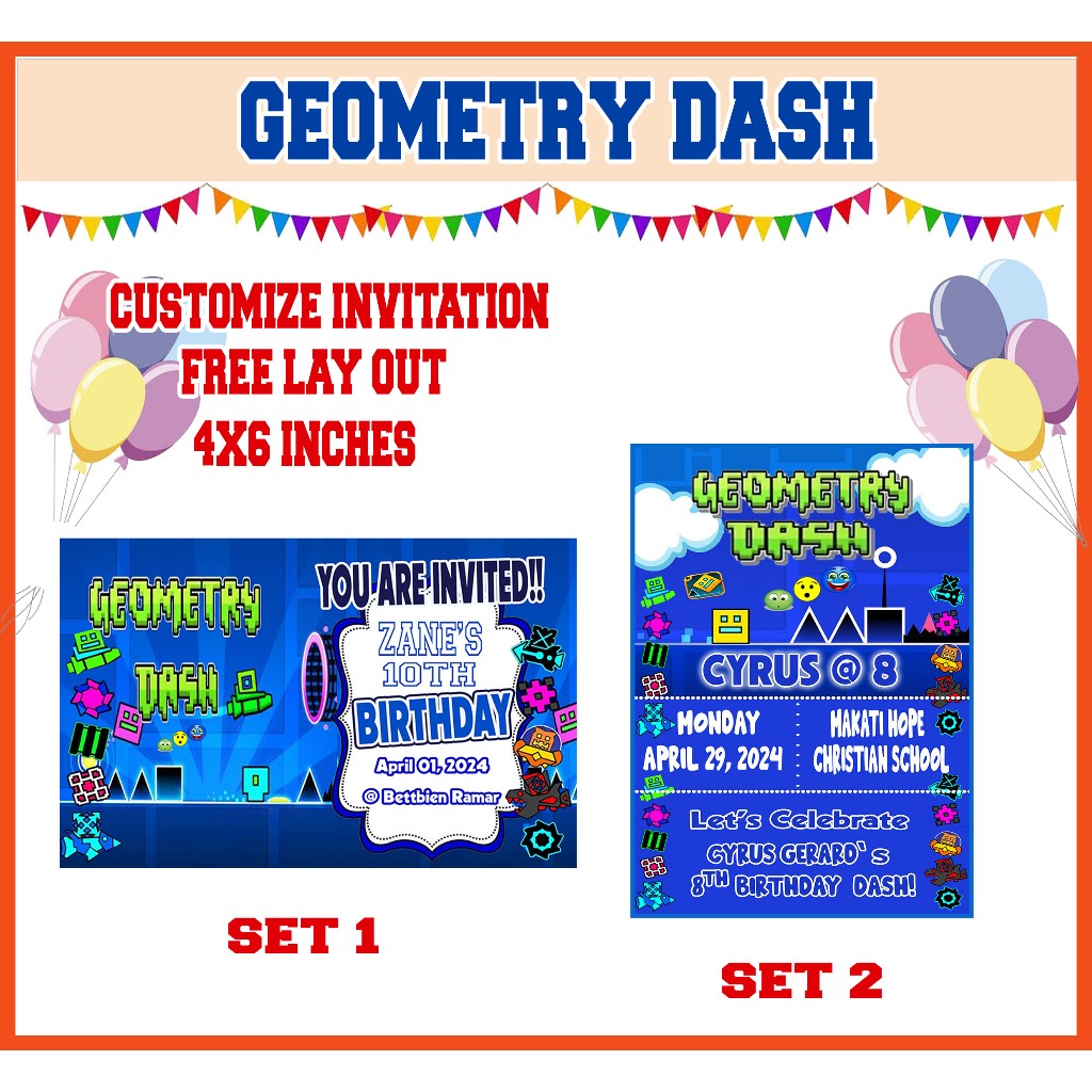 Geometry Dash Theme Birthday Invitation Card Customized - 4X6 INCHES ...