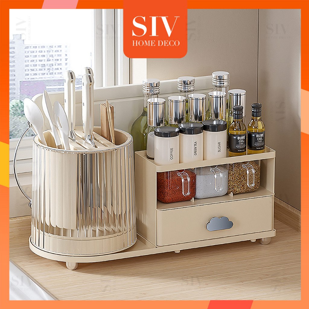 SIV Plastic Spice Condiments Organizer Rack With Cutting Board & Knife ...