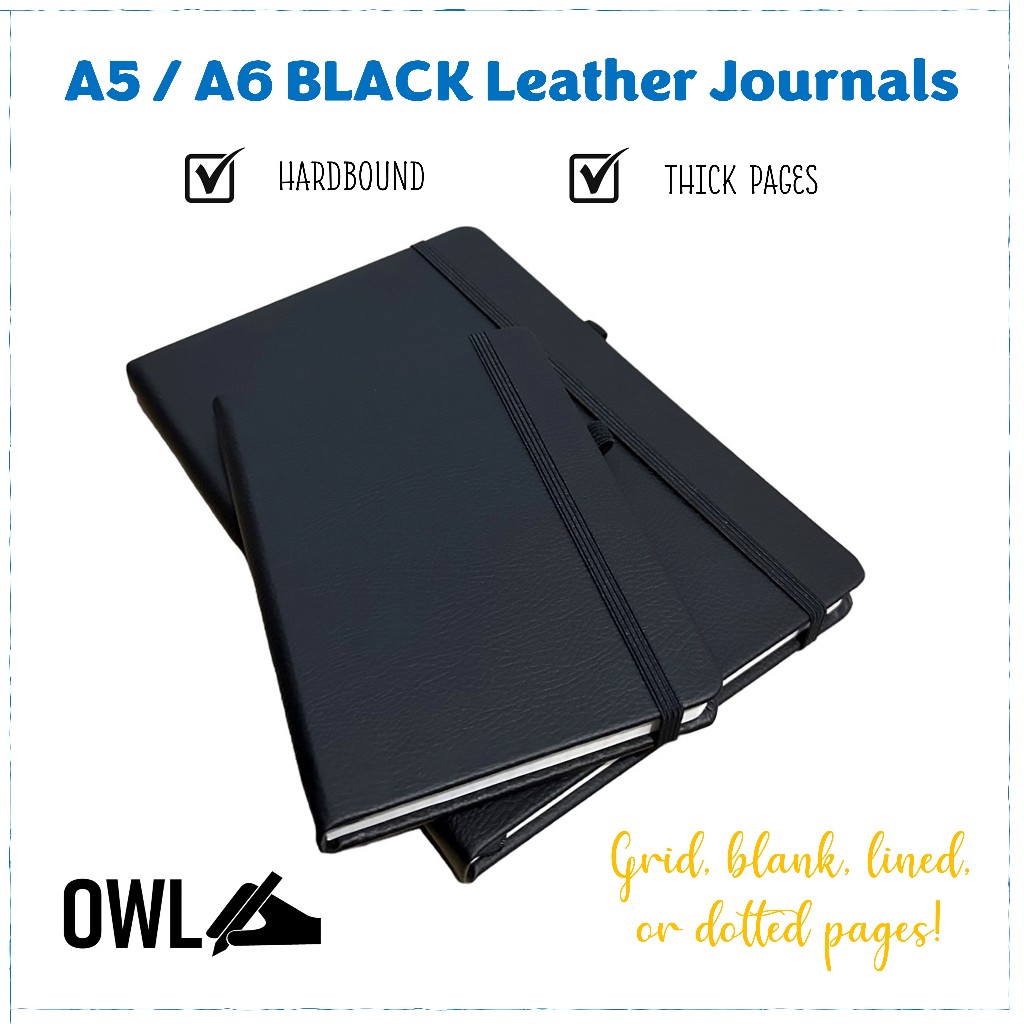A5 / A6 / B5 Black Hard Bound PU Leather Journals - Dotted Lined Grid ...