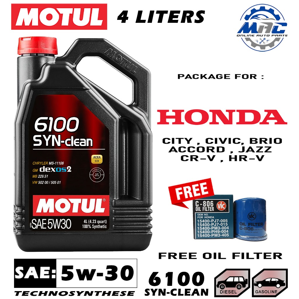 Motul 6100 Syn-Clean 5w-30 4 liters Gallon PACKAGE FOR HONDA CITY CIVIC ...