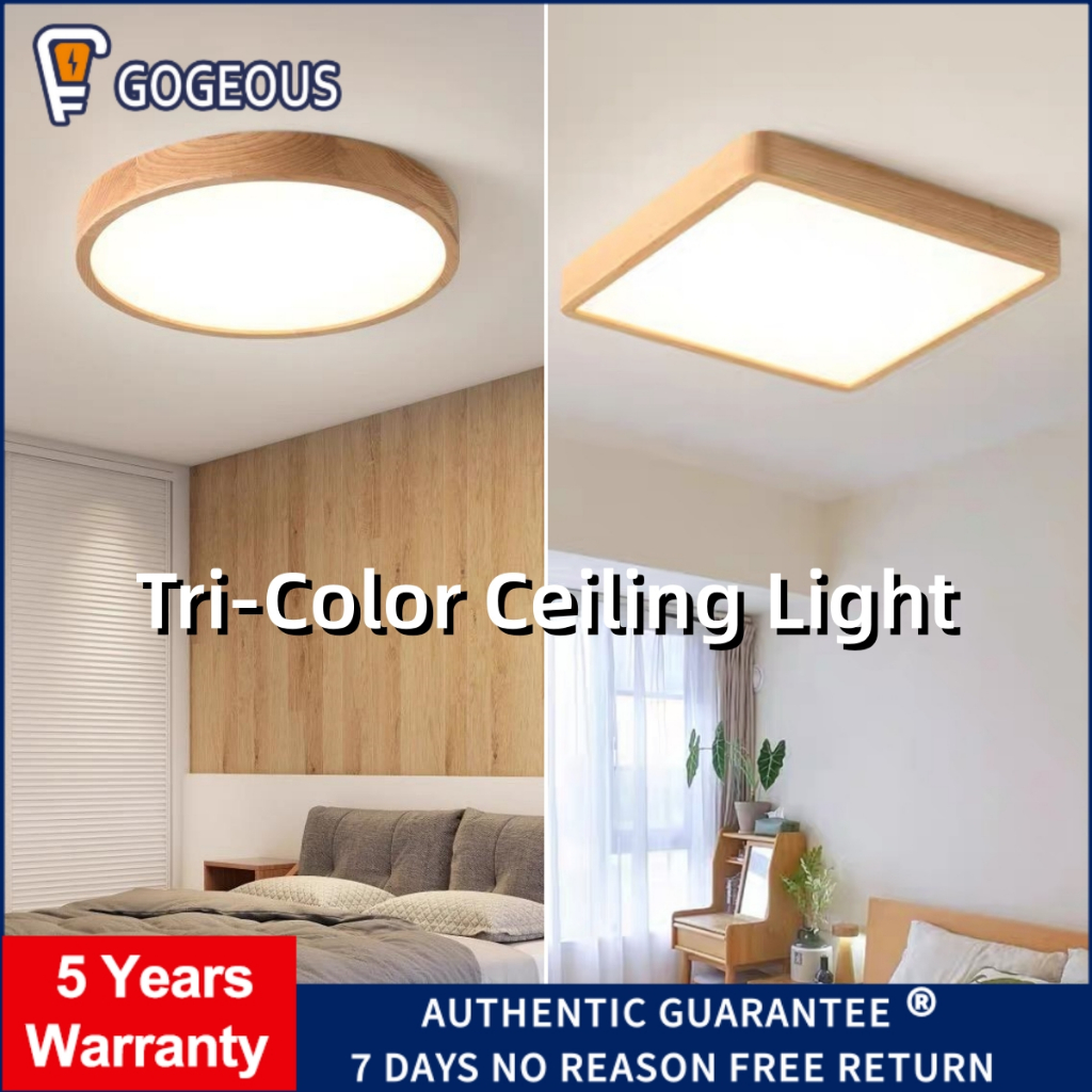 Gogeous Wood Ceiling Light with Remote Control Tricolor Led Ceiling ...