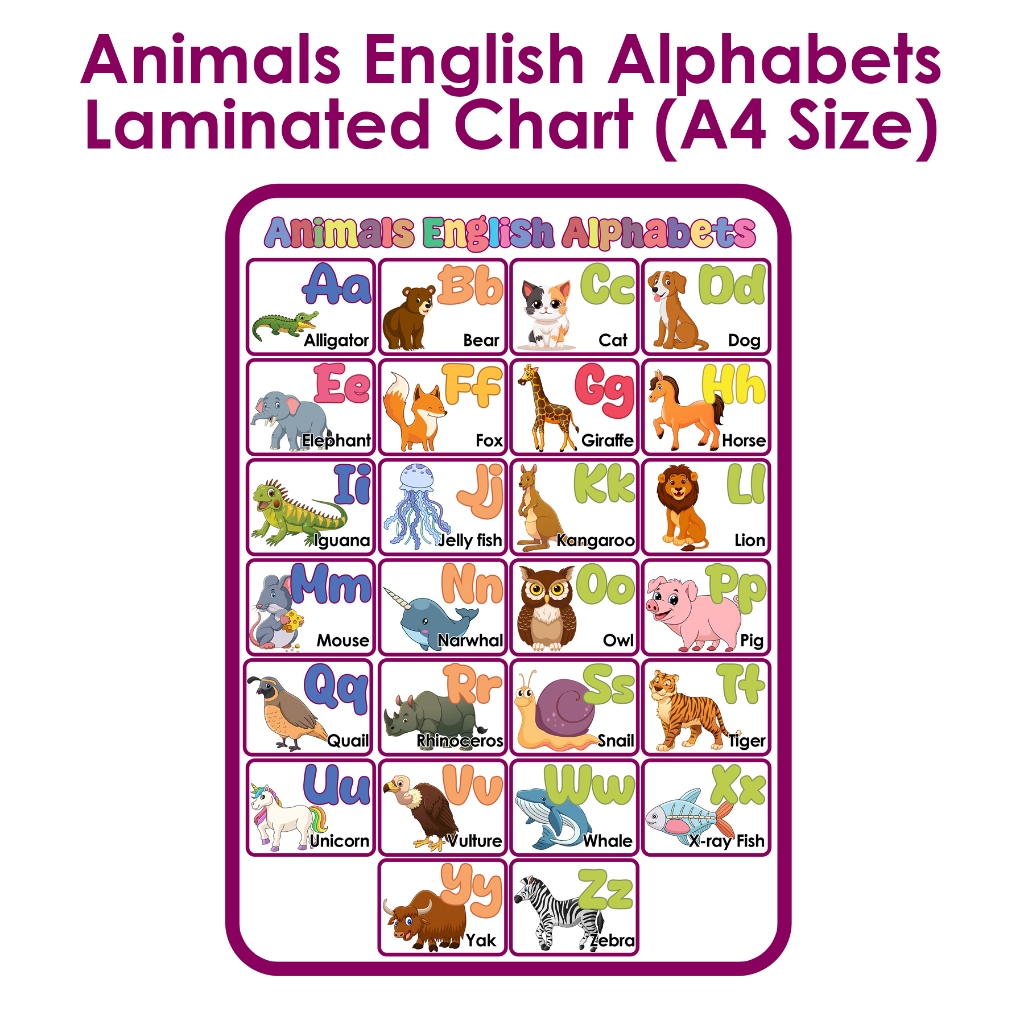 Animals English Alphabets Laminated A4 Educational Chart | Shopee ...