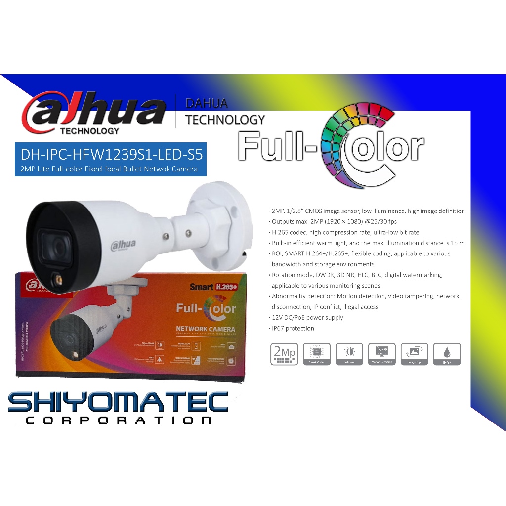 DAHUA DH-IPC-HFW1239S1-LED-S5 2 MP Entry Full-color Fixed-focal Bullet ...
