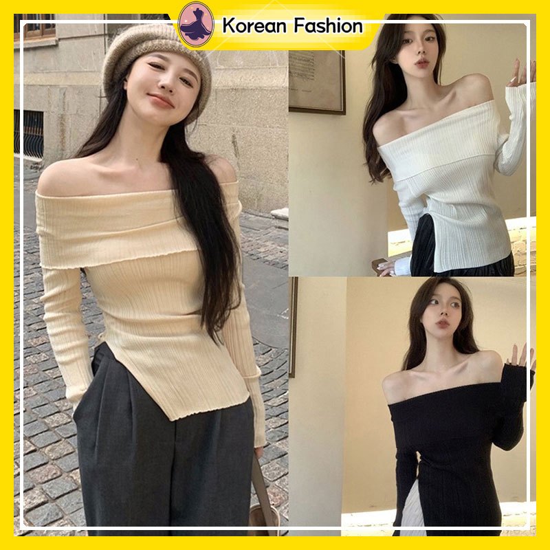 Hot Girl One-shoulder Long-sleeved Knitted Bottoming Shirt Sexy Irregular Slim Fit Short Top ...