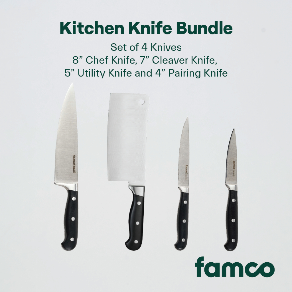 Famco Kitchen Knife, Set of Knives, 8" Chef, 7" Cleaver, 5" Utility, 4 ...
