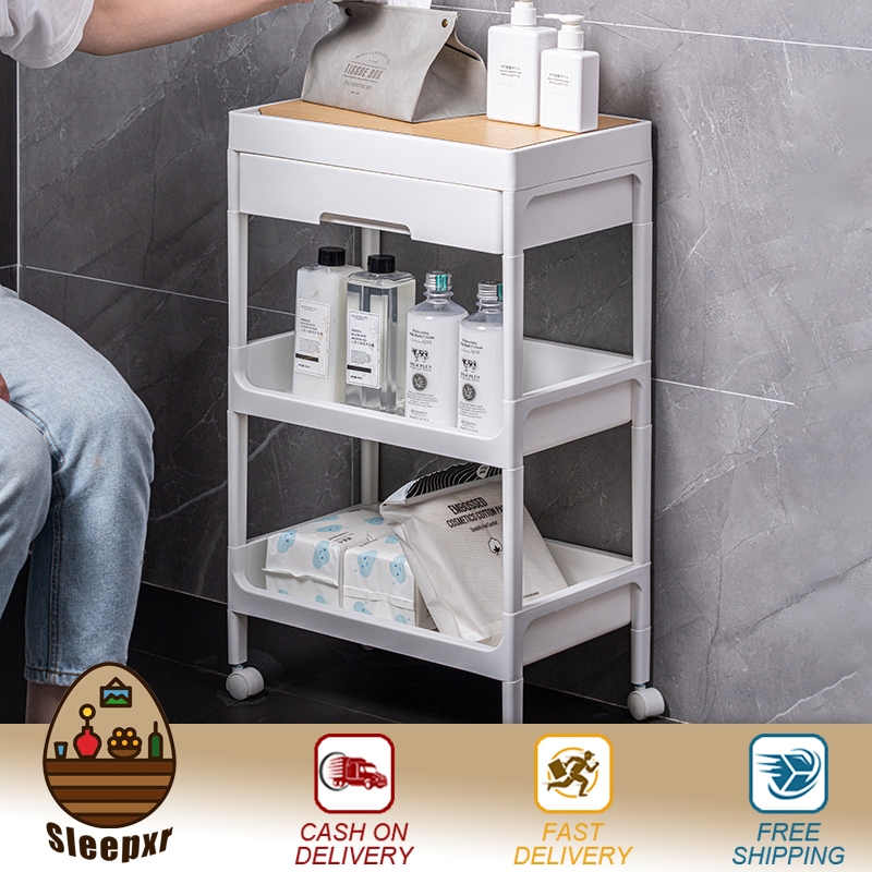 3 Layer Moving Rack Kitchen Storage Shelf Bedroom Bathroom Organizer ...
