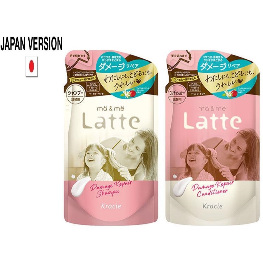 Set of 2 Kracie ma&me Latte Refil Shampoo&Conditioner Set Damage repair 360mL Apple & Peony ...