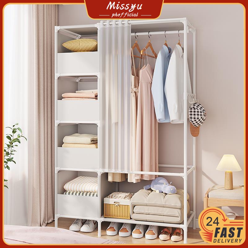 Dustproof Wardrobe Cabinet Clothes Organizer Rack with Curtain Bedroom ...