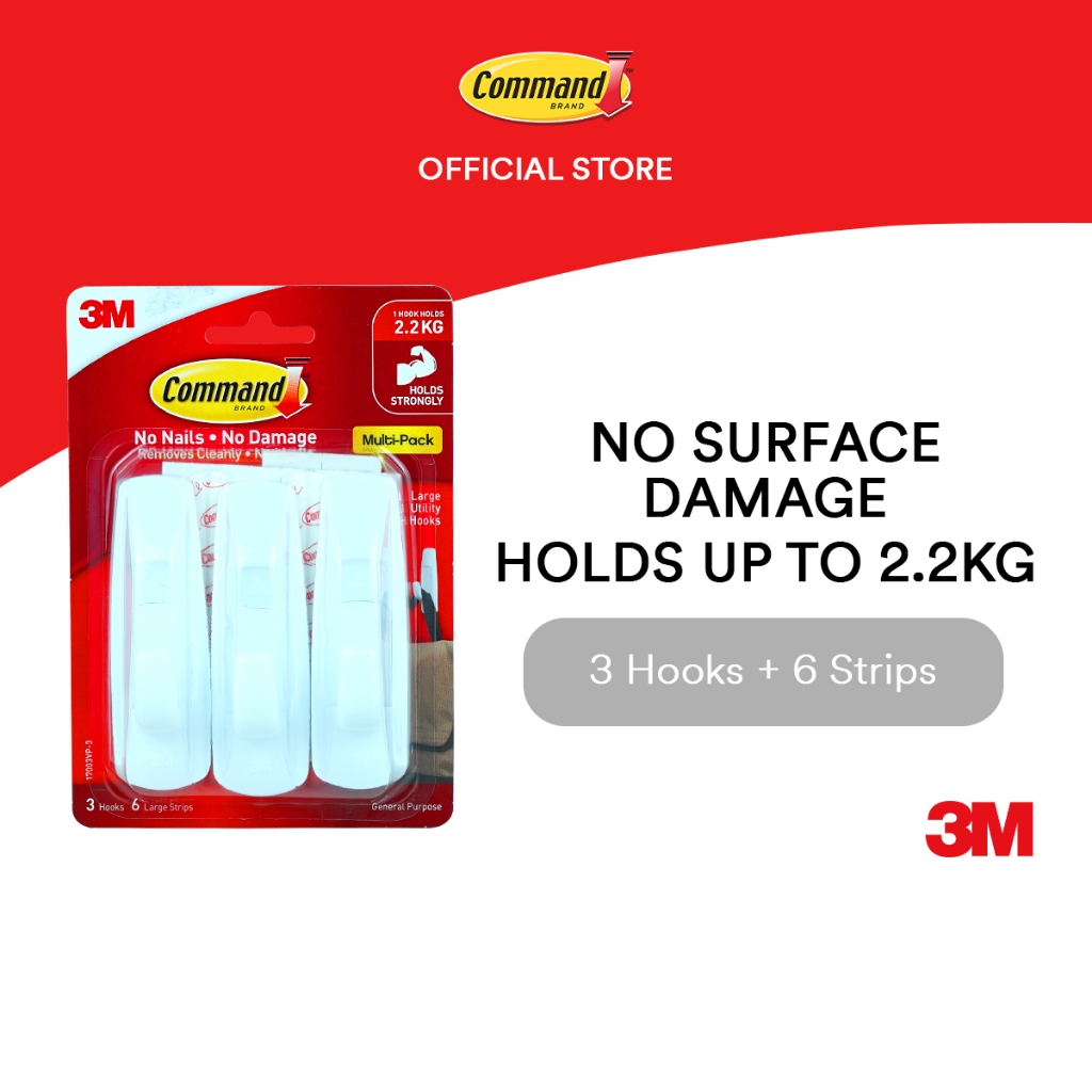 3M™ Command™ Large Utility Hooks 17003VP-3, 3Hooks + 6Large Strips ...