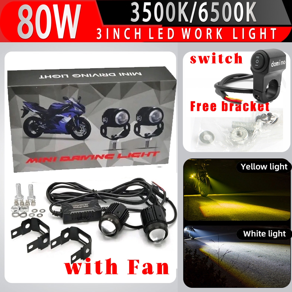 80W 1Pair Mini Motorcycle Driving Light LED Light V3 White+Yellow ...