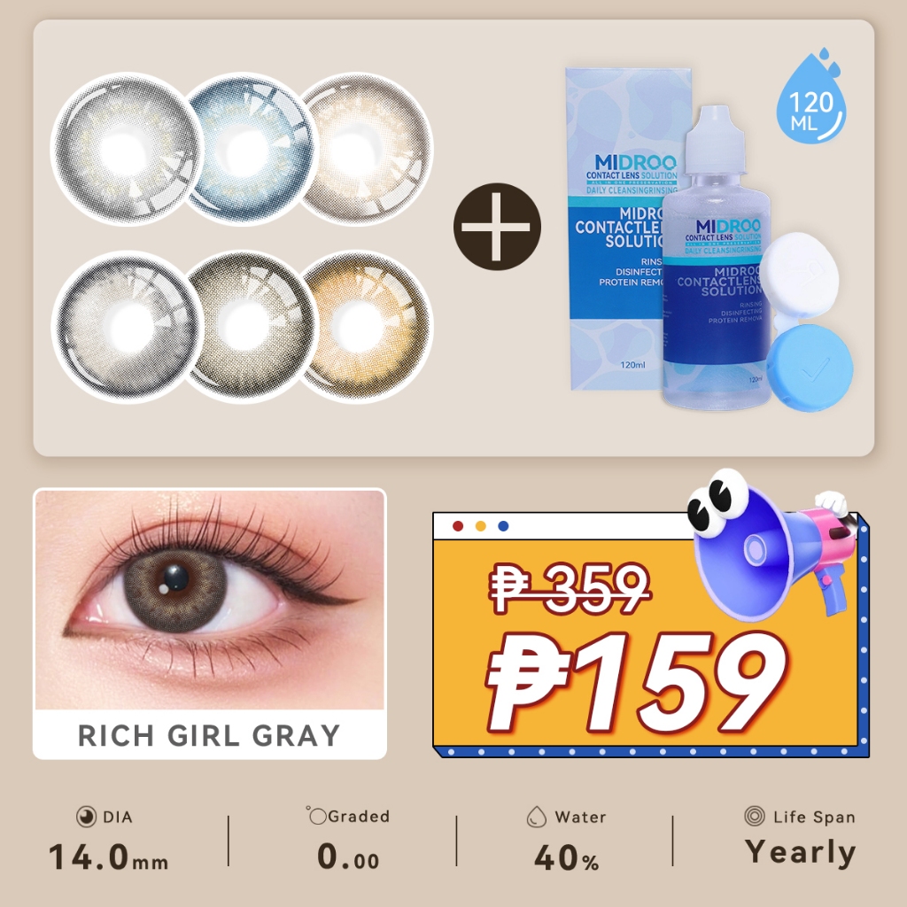 Midroo 1Pair Rich Girl Contact lens Complete Set With Solution Graded 0 ...