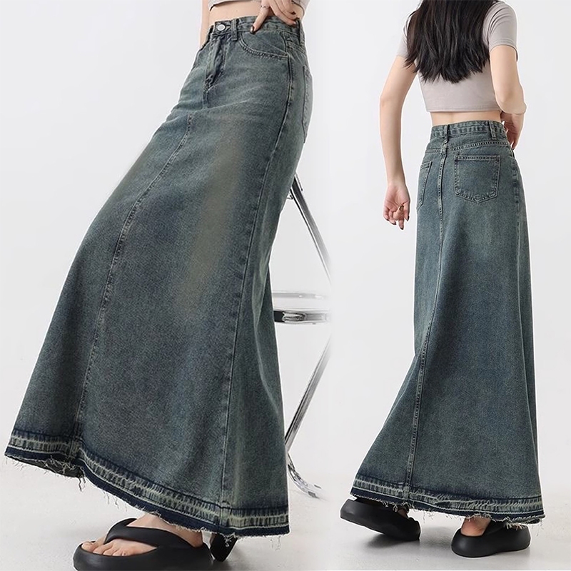 Plus Size Maxi Long denim skirt for women ma xi high waist blue midi ...