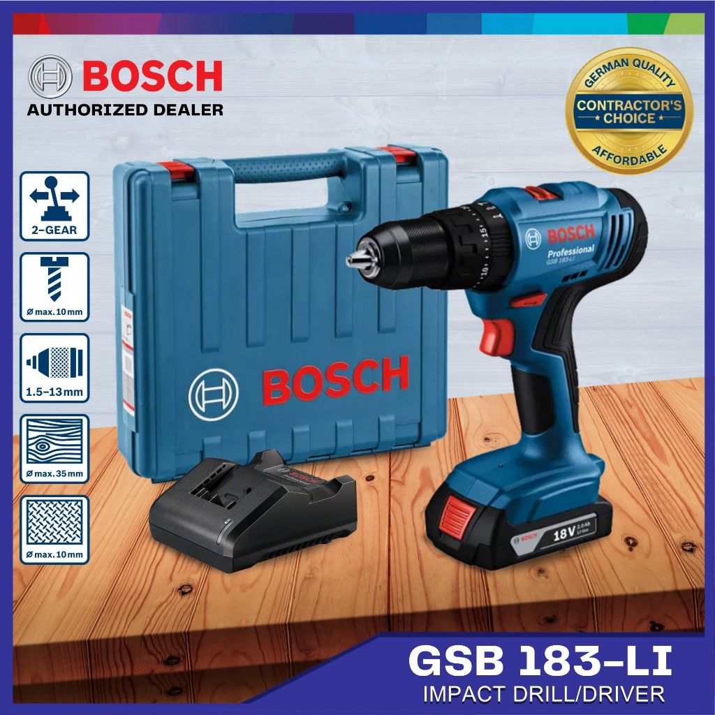 Bosch Impact Drill Cordless GSB 183-LI + GBA 18V 2.0ah + GAL 18v-20 06019K91K1 COC 18V Power ...