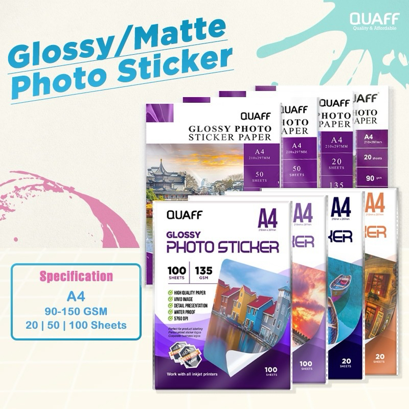 QUAFF Glossy/Matte Photo Sticker Paper 90gsm - 135gsm A4 Size 20sheets ...