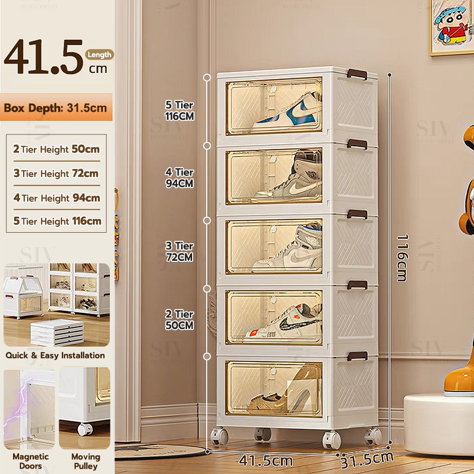 SIV 41-65cm 2/3/4/5 Layers Foldable Plastic Storage Cabinet Stackable ...