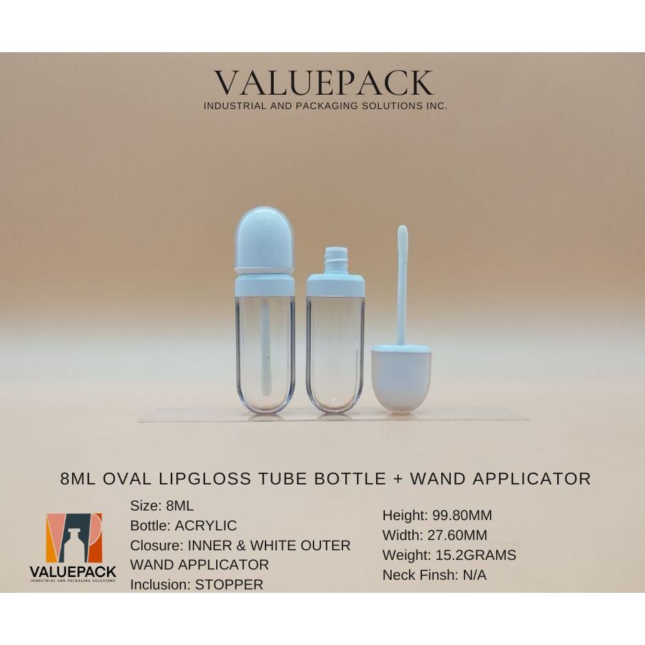 8ML OVAL LIPGLOSS TUBE BOTTLE + INNER & WHITE OUTER WAND APPLICATOR ...