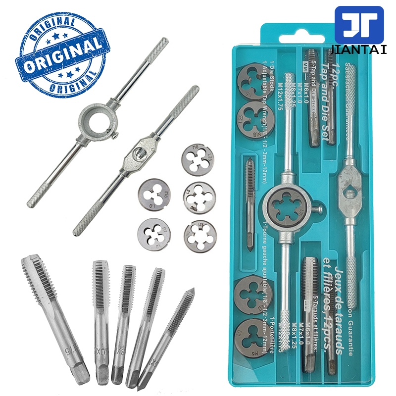 12PCS Threading Tap and Die Set Metric hand tap set threader tool Adjustable Tap Wrench threader ...