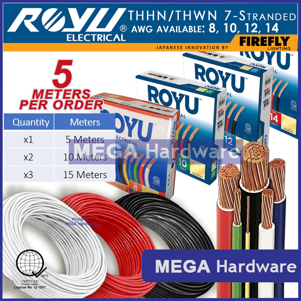 ROYU THHN/THWN-2 Wire 14/7 12/7 10/7 8/7 (7 Stranded) (#8, #10, #12 ...