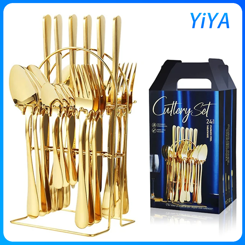 24-piece cutlery set Gold gift box with stainless steel cutlery ...