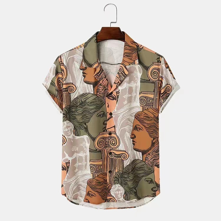 Men's OVER SIZE casual retro printed short-sleeved shirt Bohemian style ...