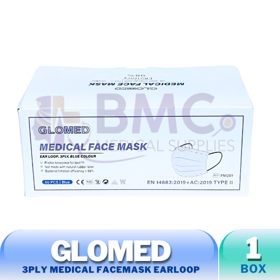 Glomed Facemask 3Ply [Blue] Ear Loop 50pcs Per Box | Shopee Philippines