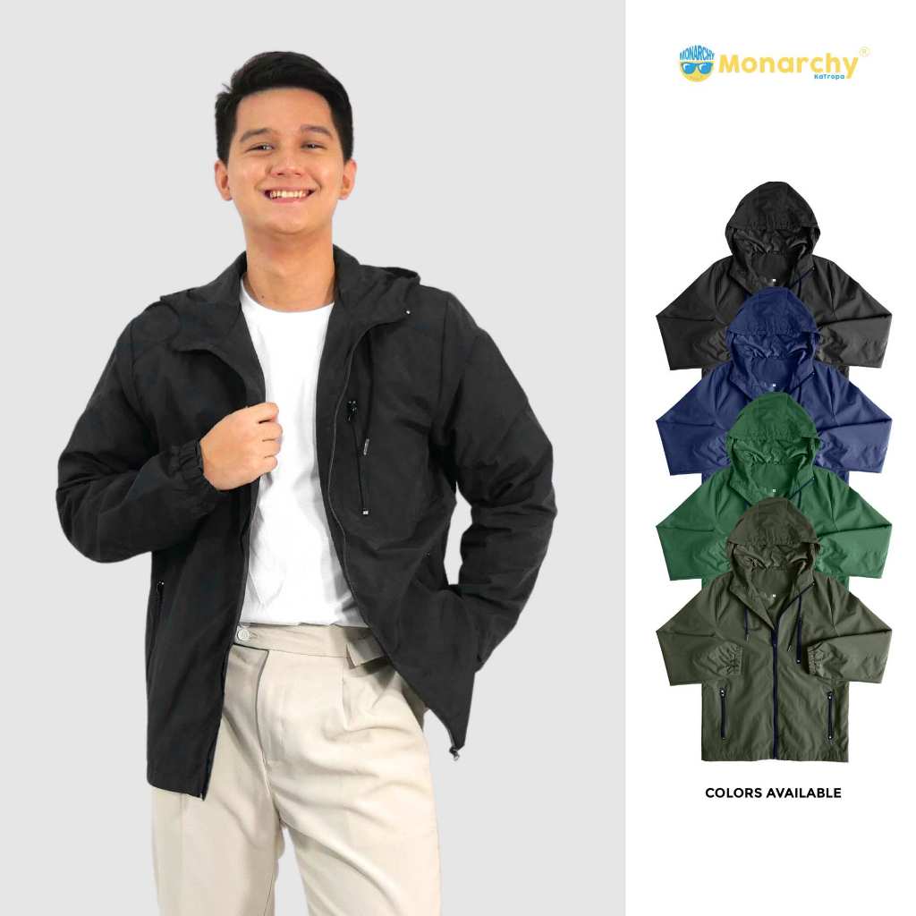 Monarchy Jacket with Hoodie Plain Raincoat Jacket Windbreaker (Black ...