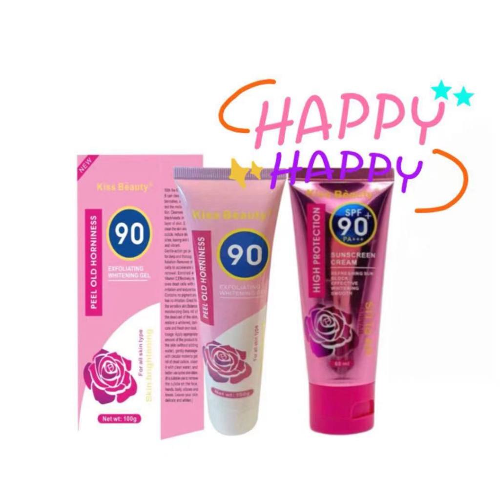 (2in1) Kiss Beauty Facial Body Sunscreen Cream SPF 90 + Scrub Exfoliating Whitening Gel 100g ...