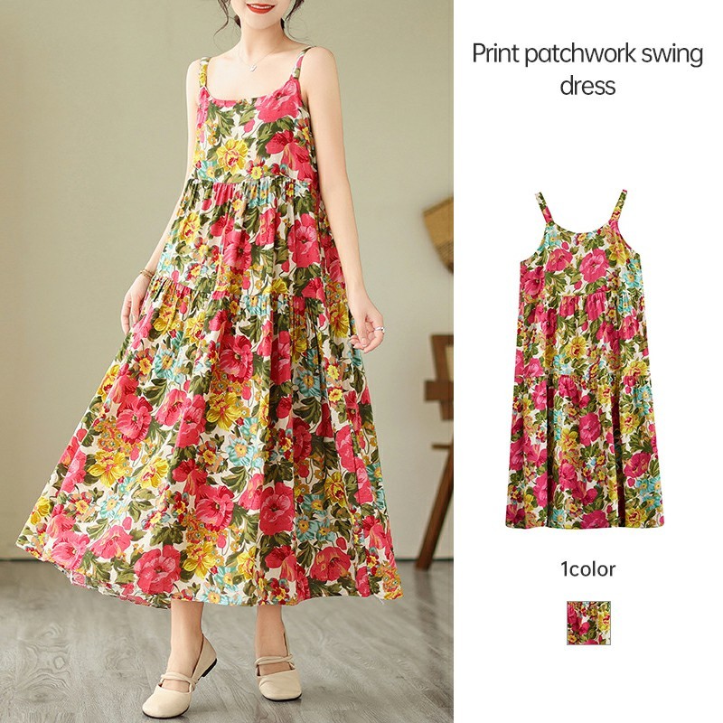Korean Loose Long Dress Printed Patchwork Slip Dress Women Casual Large ...