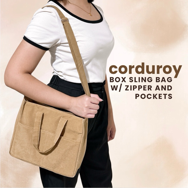 CORDUROY BOX SLING BAG WITH ZIPPER AND POCKETS | Shopee Philippines