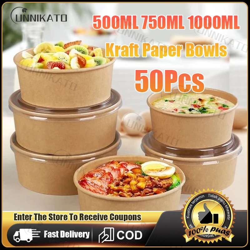 Kraft Salad Bowl 50 Pcs Round Disposable Paper Bowl with Plastic Lid ...