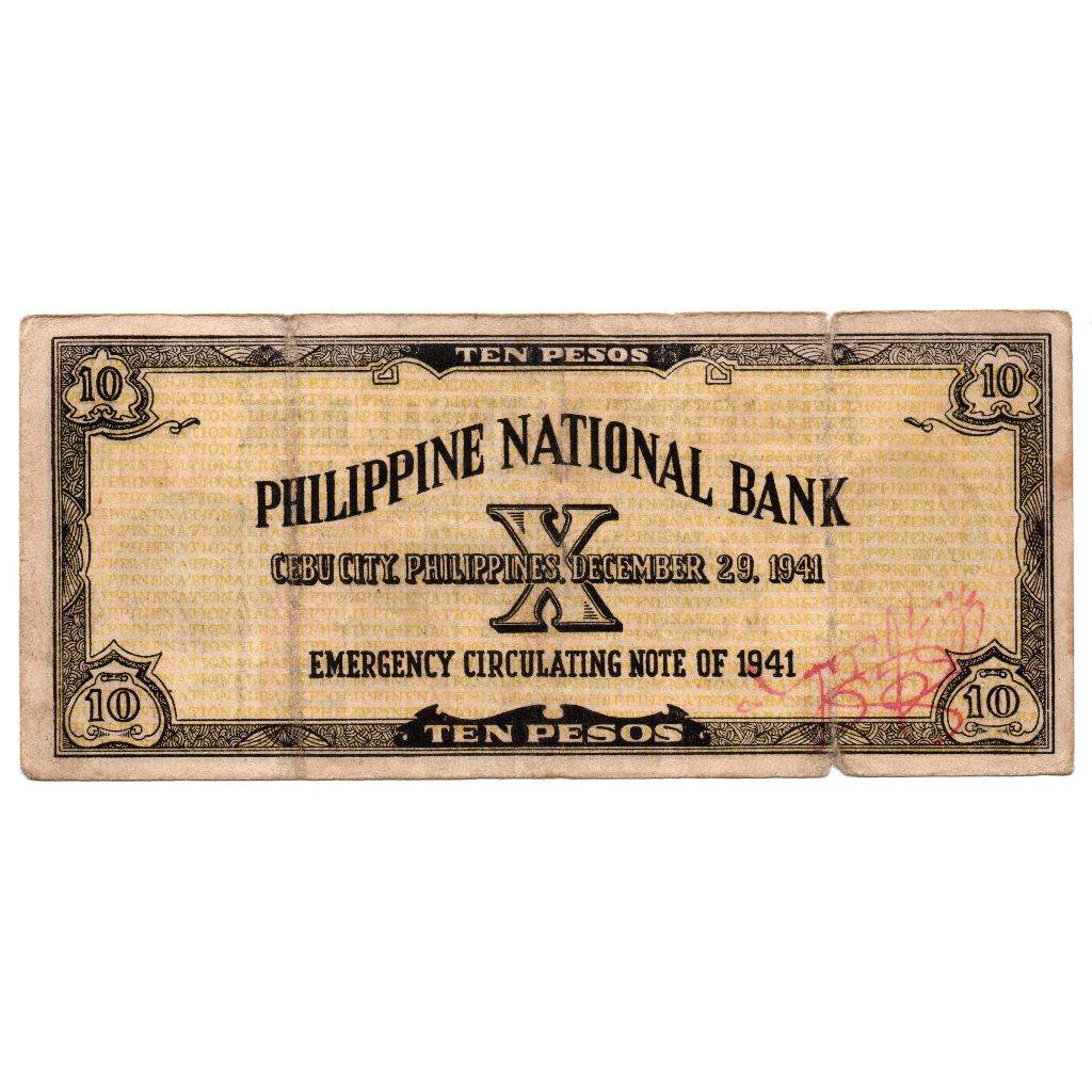 1941 PHILIPPINES Cebu Emergency Banknote S217 10 Pesos PNB CS Hilongos ...