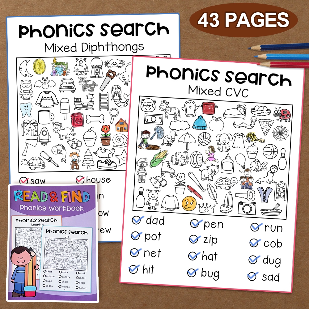 43Pages/Set English Phonics Workbook Read and Find Phonics Search CVC ...