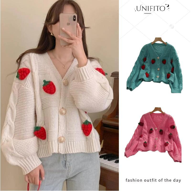 Sweaters For Women Sweet Strawberry Knitted Jacket V-Neck Top Korean ...