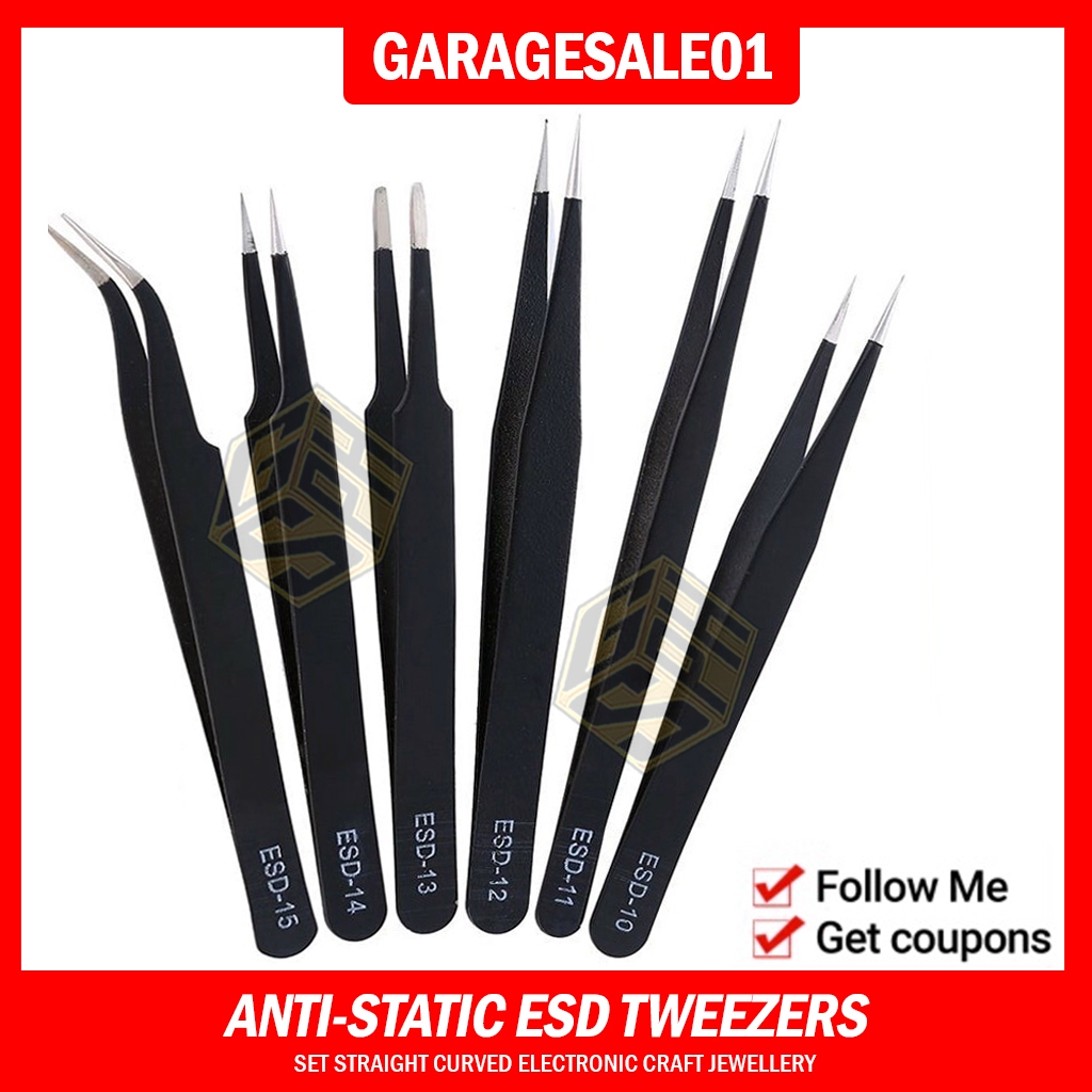 6 Pcs Anti-static ESD Tweezers Set Straight Curved Electronic Craft ...