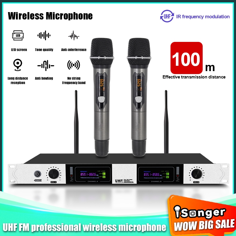 Wireless Microphones System Dual Uhf Cordless Mic Set Auto Scan Use