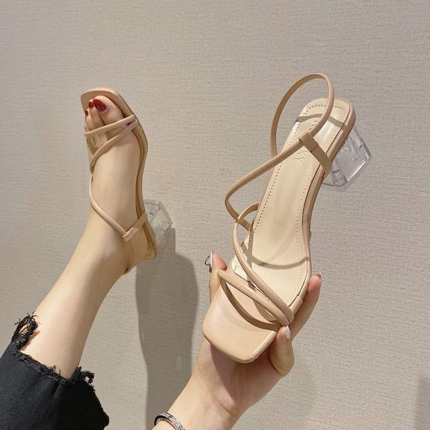 LYS New Korean Transparent Summer Mid Heel Chunky Heel Ankle-Strap ...