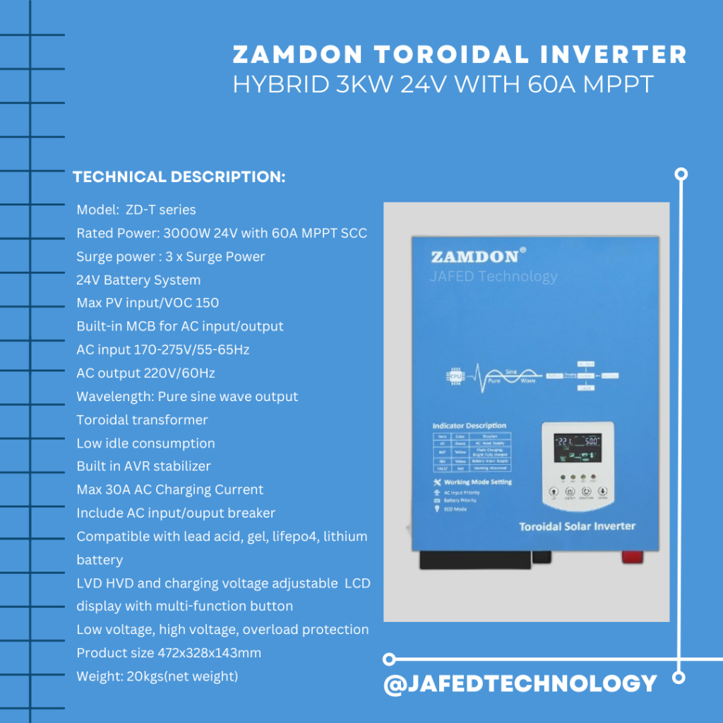 ZAMDON Toroidal Hybrid Power Inverter 3kw 24V with Built-in MPPT Solar ...