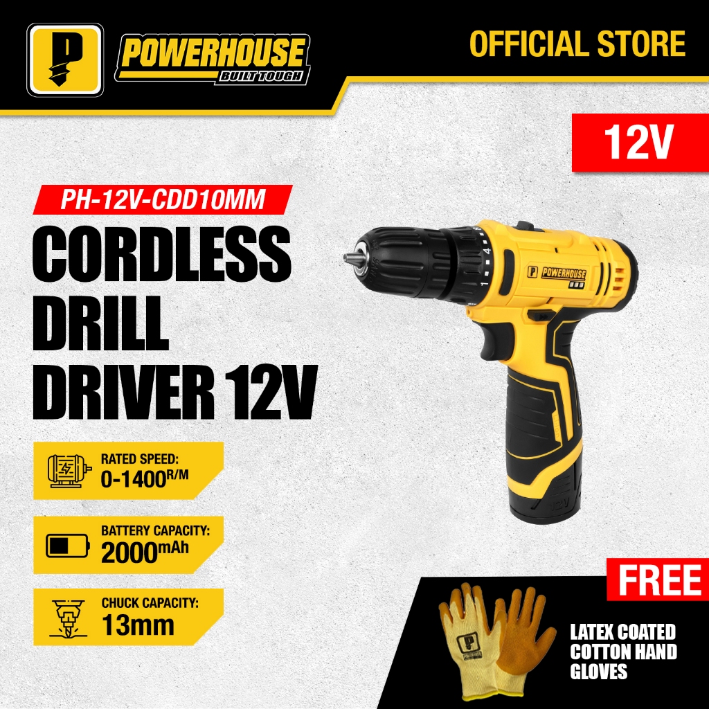 Powerhouse Portable Cordless Drill Driver 12V 1.5Ah/ 20V 2.0Ah Li-Ion w ...