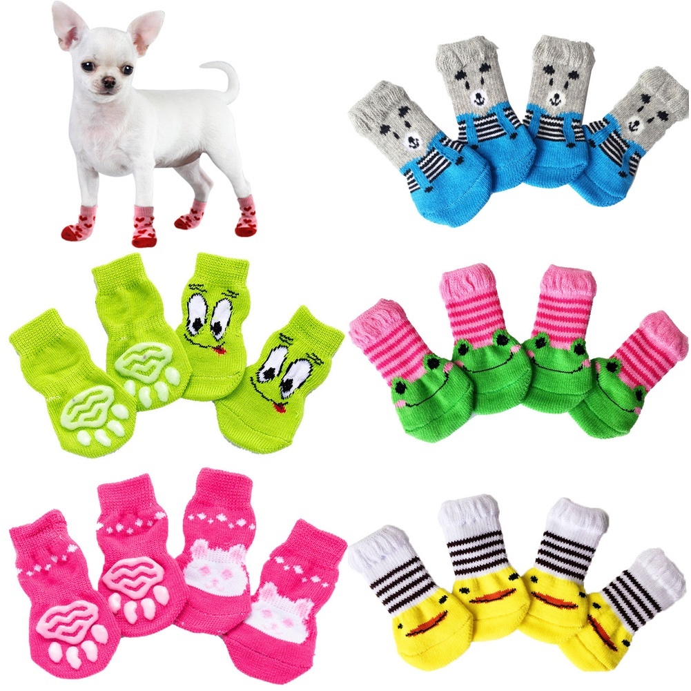 4Pcs Cute Pet Dog Socks with Print Anti-Slip Cats Puppy Shoes Paw ...
