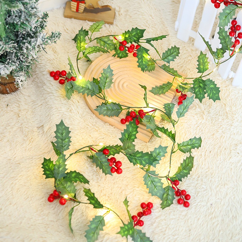 Christmas Rattan Garland With Light 2M Artificial Holly Leaves Red ...