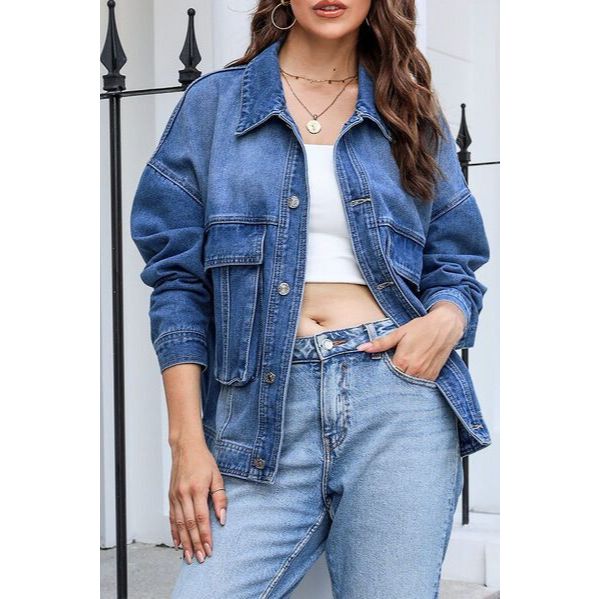 Button Up Dropped Shoulder Denim Jacket with Pockets | Shopee Philippines
