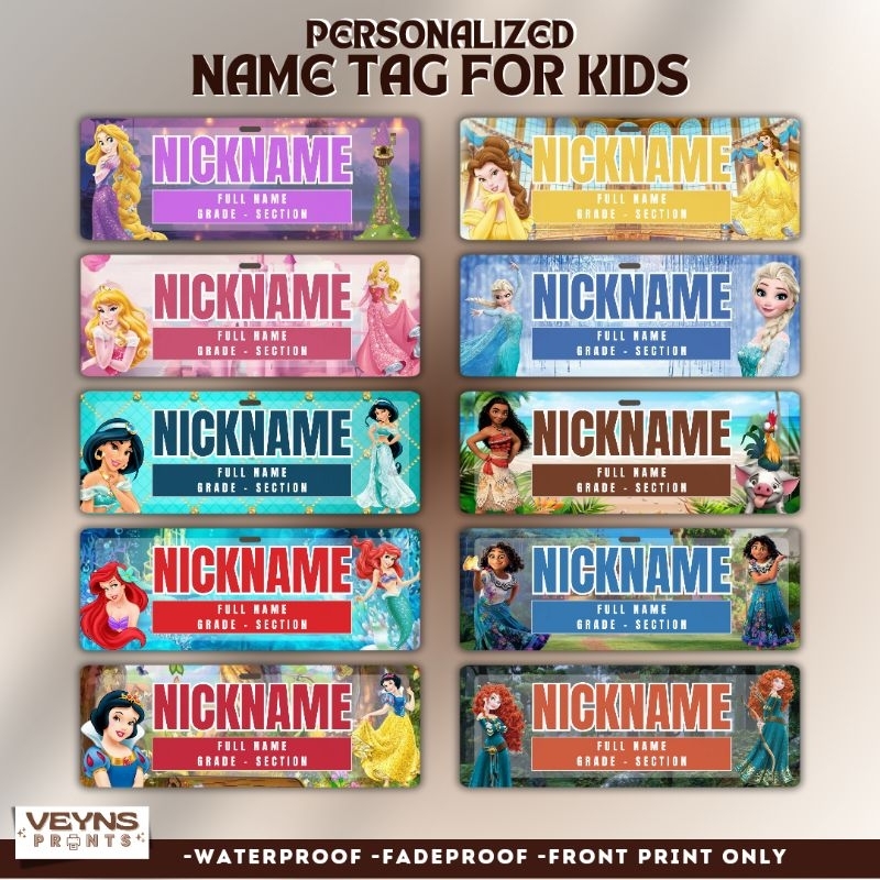 PERSONALIZED PVC/ LAMINATED NAME TAG FOR KIDS -DISNEY PRINCESS, BARBIE ...
