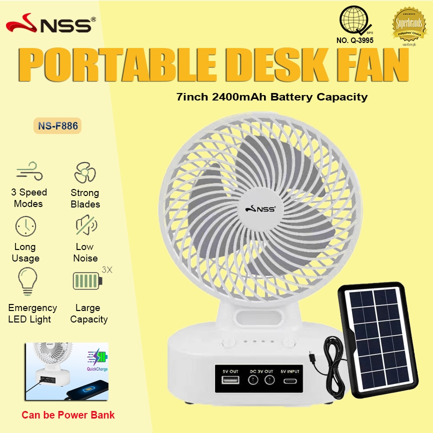 NSS Desk Rechargeable Fan With LED Light Panel Portable Fan 7inch ...
