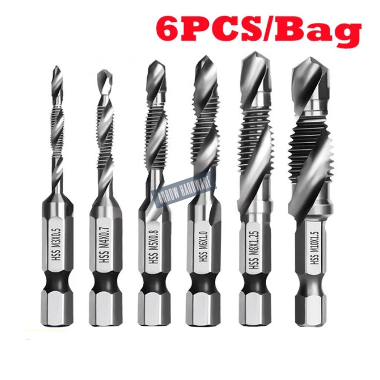 6pcs Metric Thread M3-M10 Titanium Coated HSS Drill and Tap drill Bits ...