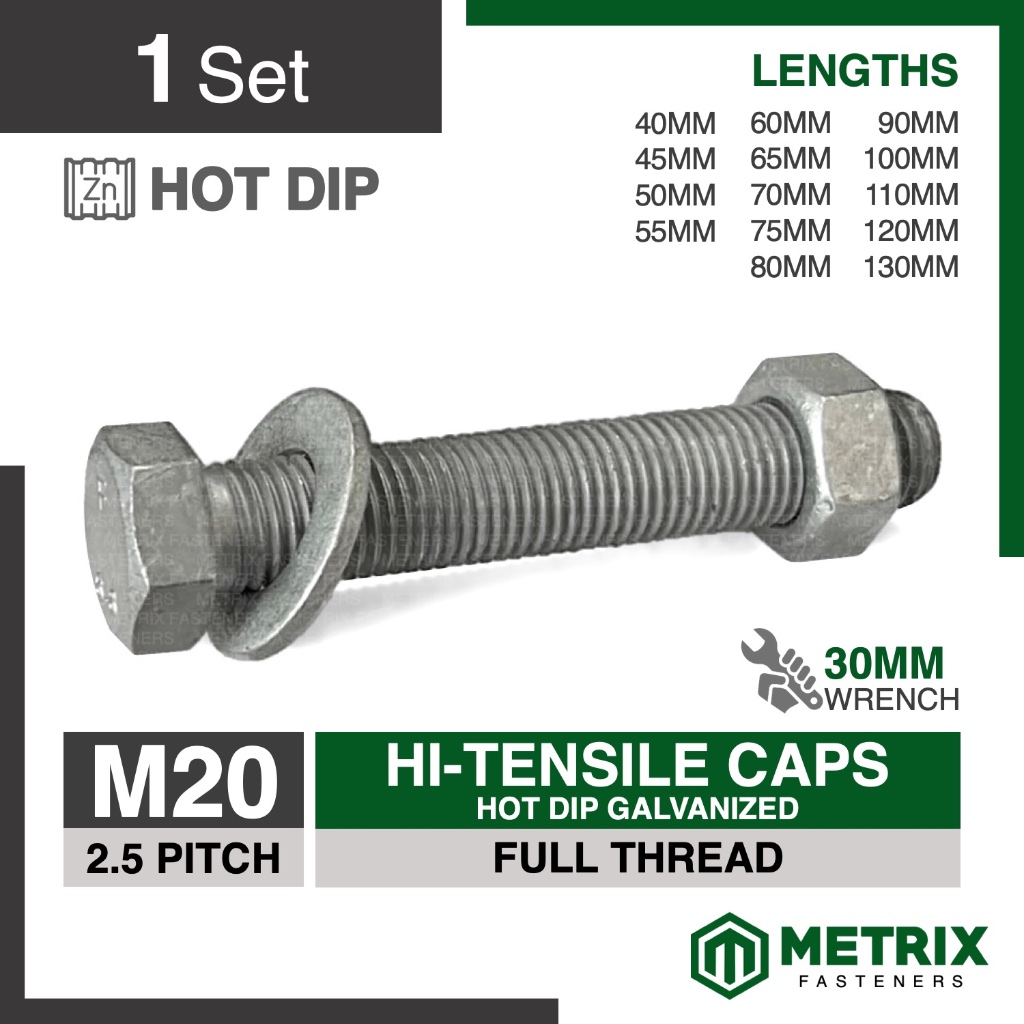 1set M20 ( 20MM ) 8.8 High Tensile Hexagon Bolt with Nut & FW - Hot Dip ...